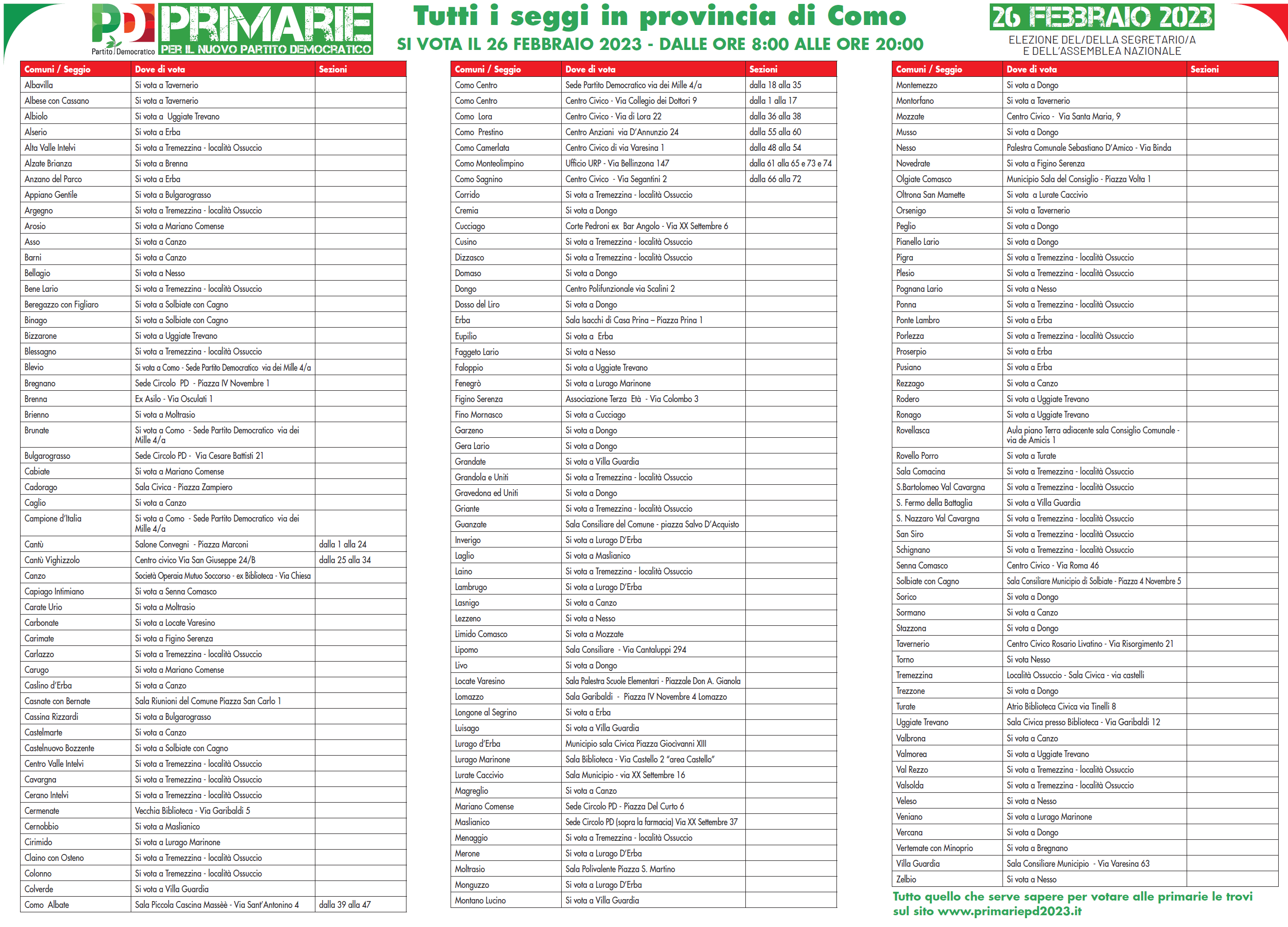 Elenco Seggi Primarie 26 Febbraio 2023 Provincia Como Chiara Braga